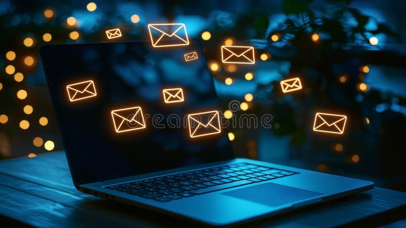 In Evening Light, a Laptop with Floating Email Icons Symbolizes Modern ...