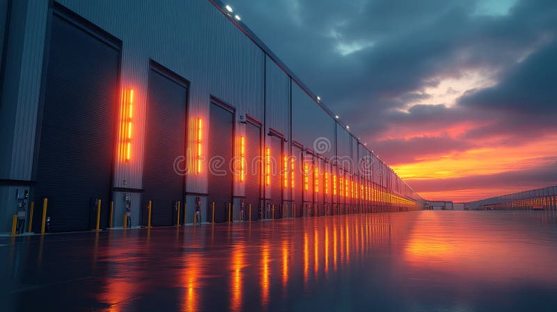 Evening Light Reflects on a Logistics Warehouse with Multiple Loading ...