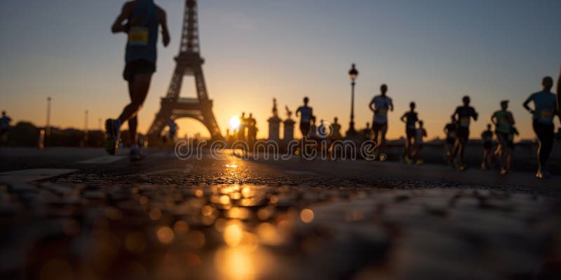 Evening Marathon Silhouettes of Runners in Paris with Eiffel Tower in ...