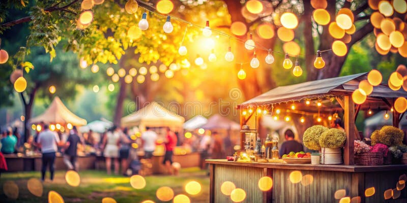 Evening Market Fair with String Lights and Food Stalls. Generative AI ...