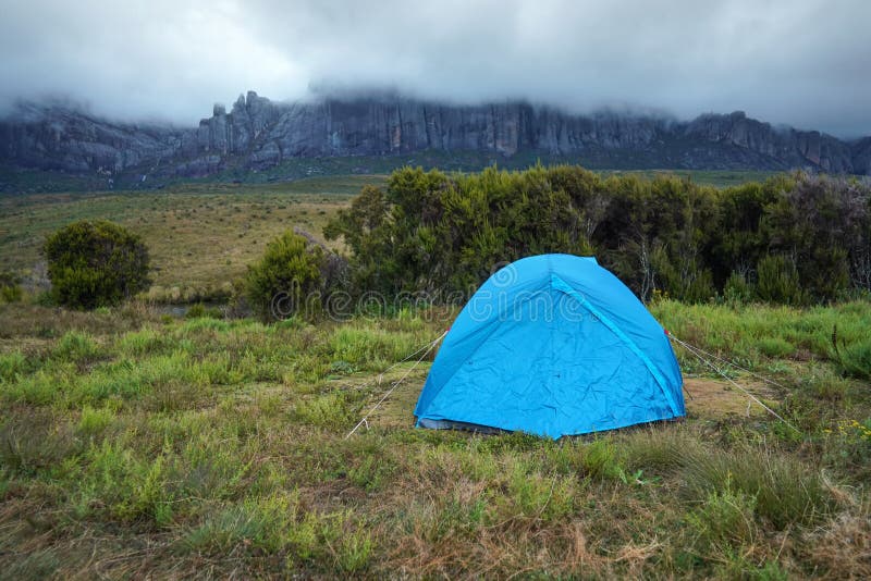 Evening Mist Rolling Over Mountains, Blue Tent in Foreground ...