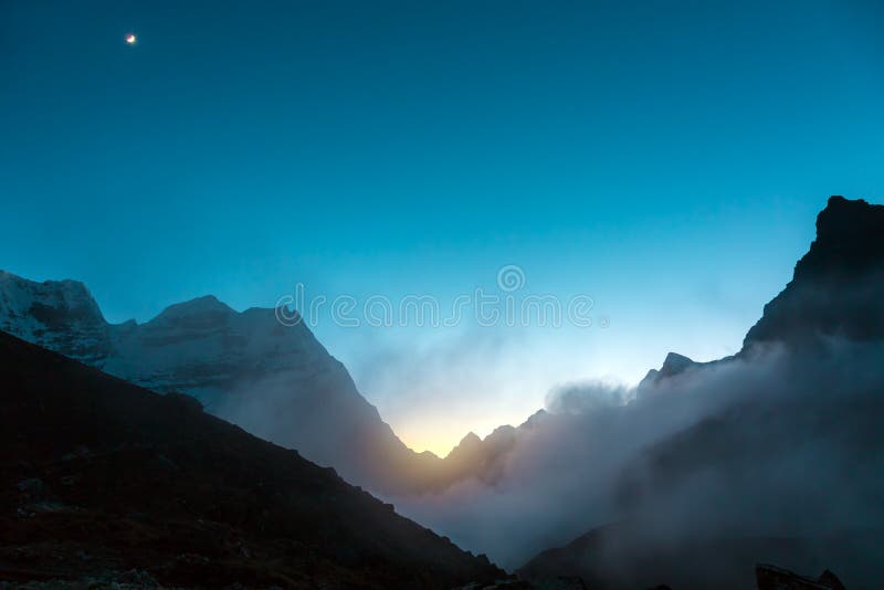 Evening Mountain View with Sunset and Moonrise Stock Photo - Image of ...