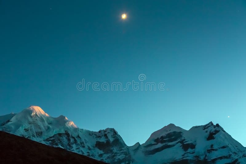 Evening Mountain View with Sunset and Moonrise Stock Photo - Image of ...