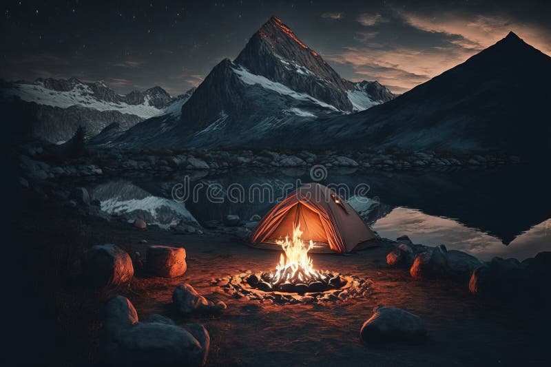 Evening in the Mountains Around the Fire. Tenting while Camping in the ...