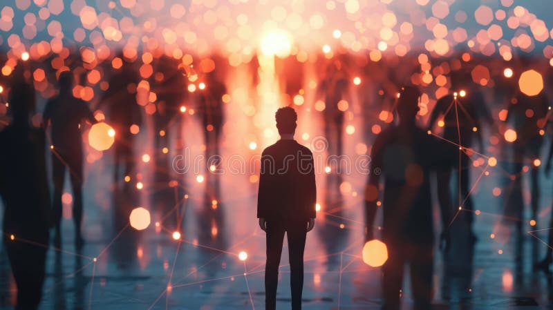 Evening Network Scene: a Man Standing Against a Network of People, Set ...