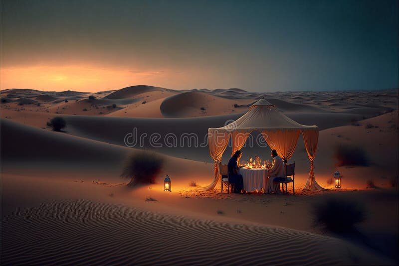 An Evening at Oasis in the Desert Stock Illustration - Illustration of ...