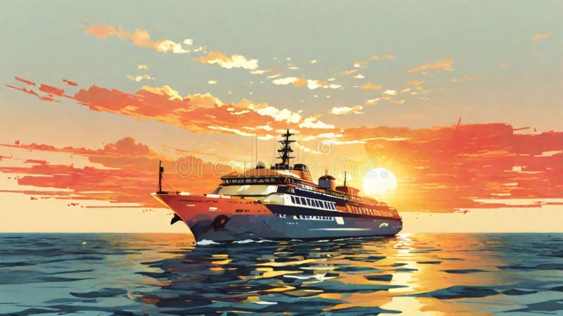 Evening Ocean T-shirt Design Ship in the Sea at Sunset Stock ...