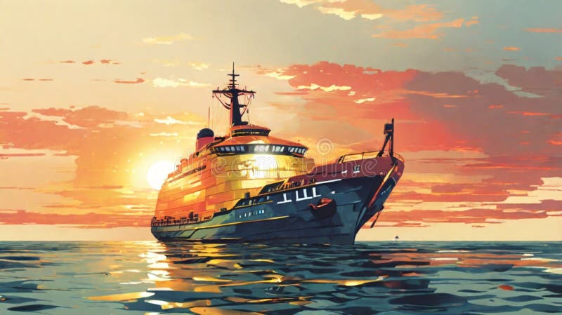 Evening Ocean T-shirt Design Ship in the Sea at Sunset Stock ...