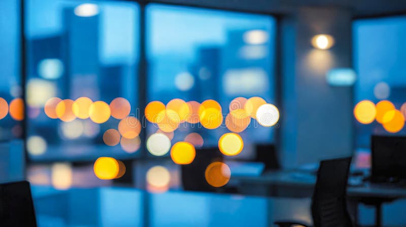 Evening Office Environment Captured, Showcasing Blurred Lights Creating ...
