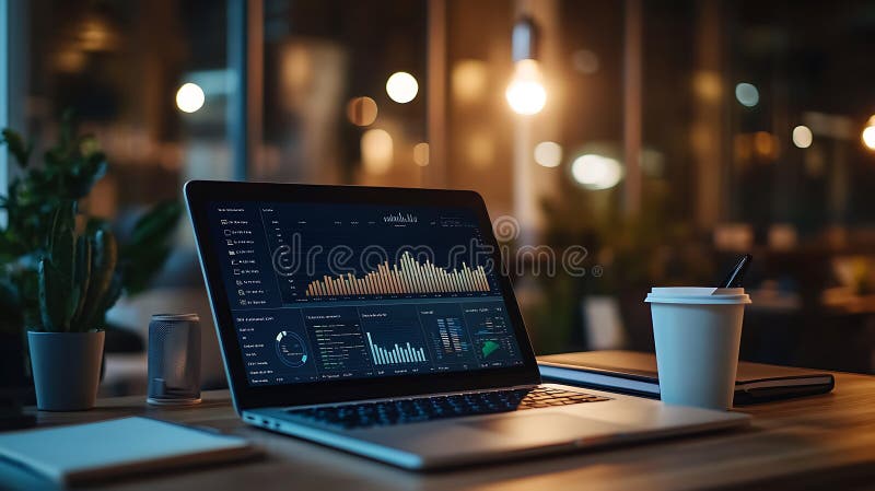 Evening Office Scene with Laptop Showing Data Graphs and a Coffee Cup ...