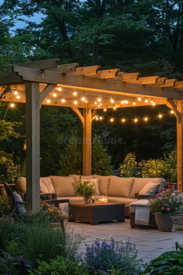 An Evening Outdoor Patio Featuring a Pergola and Lights. Stock Photo ...