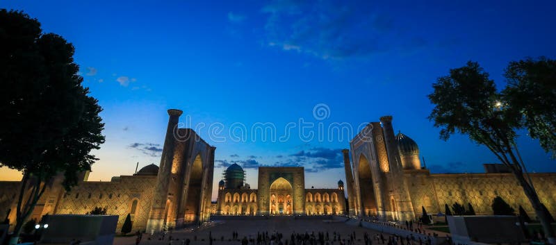 Evening Panoramic View To the Highlighted Registan Square in Samarkand ...