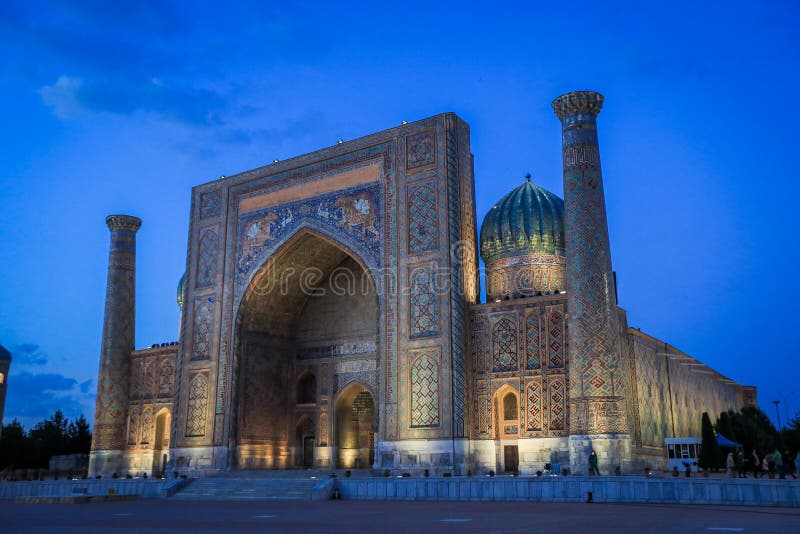 Evening Panoramic View To the Highlighted Registan Square in Samarkand ...