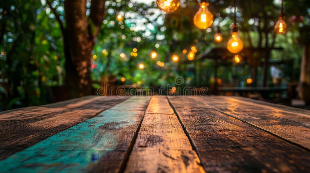 An Evening Party in a Backyard Features a Wooden Table with No Objects ...