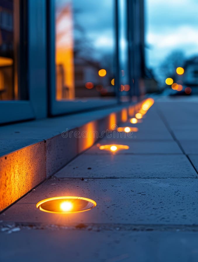 Evening Pathway with Illuminated Lights and Urban Setting. Stock Image ...