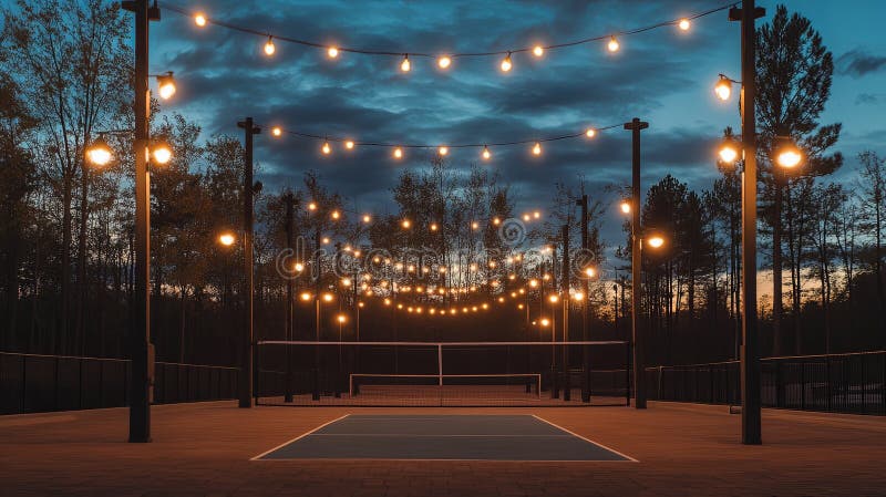 Evening Pickleball Court with Glowing String Lights. Stock Image ...