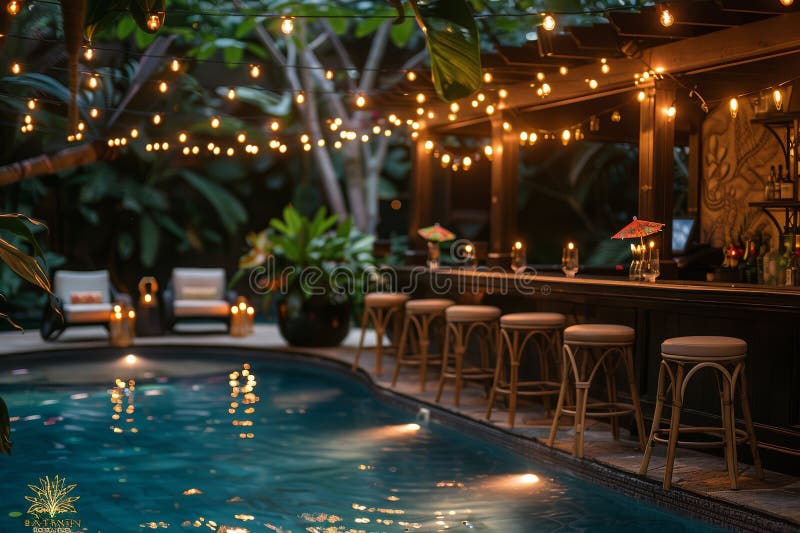 Evening Poolside Bar with String Lights and Palm Trees Stock Photo ...
