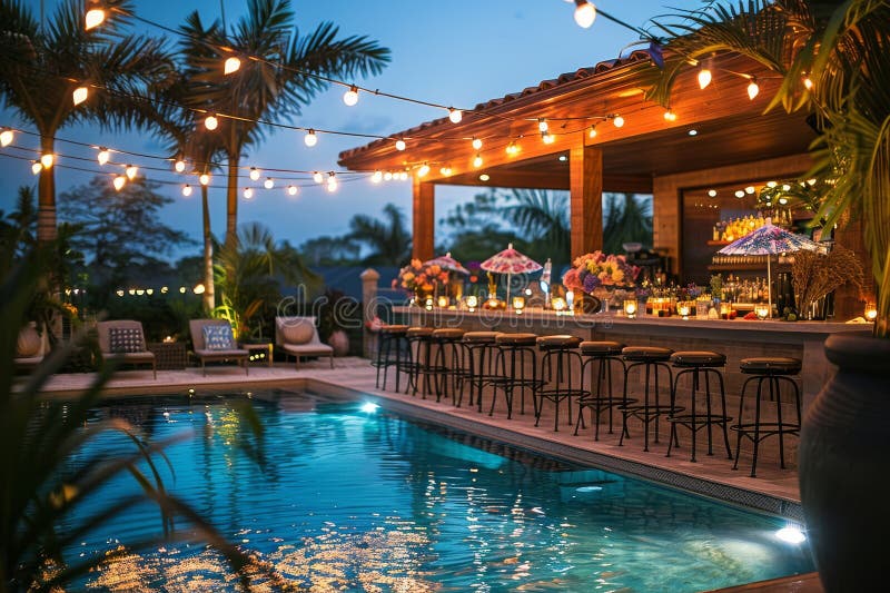 Evening Poolside Bar with String Lights and Palm Trees Stock Photo ...