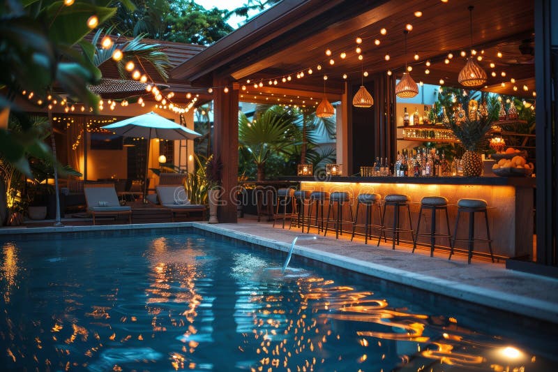 Evening Poolside Bar with String Lights and Palm Trees Stock Image ...