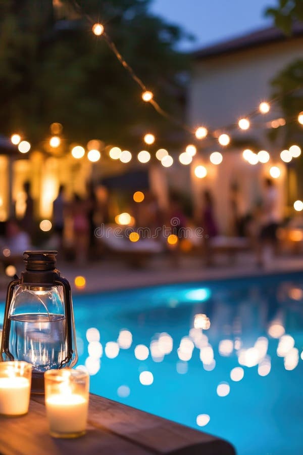 Evening Poolside Bar with String Lights and Palm Trees Stock Photo ...