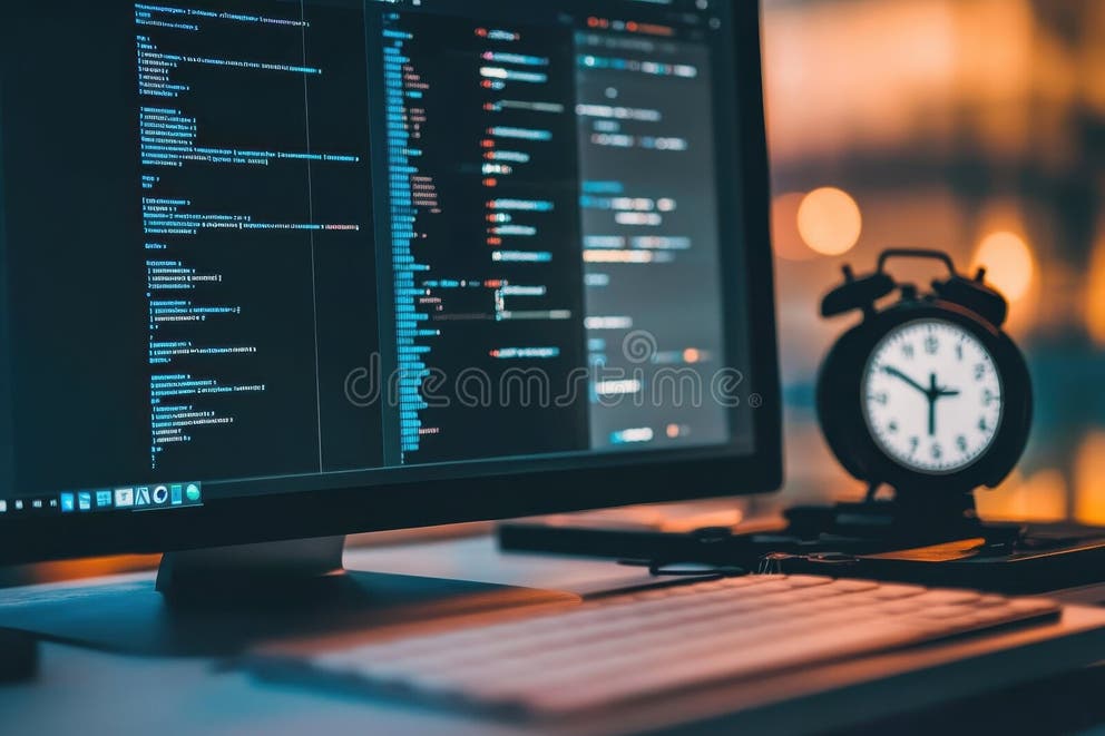 Evening Programming Session with a Computer Displaying Code and a Clock ...