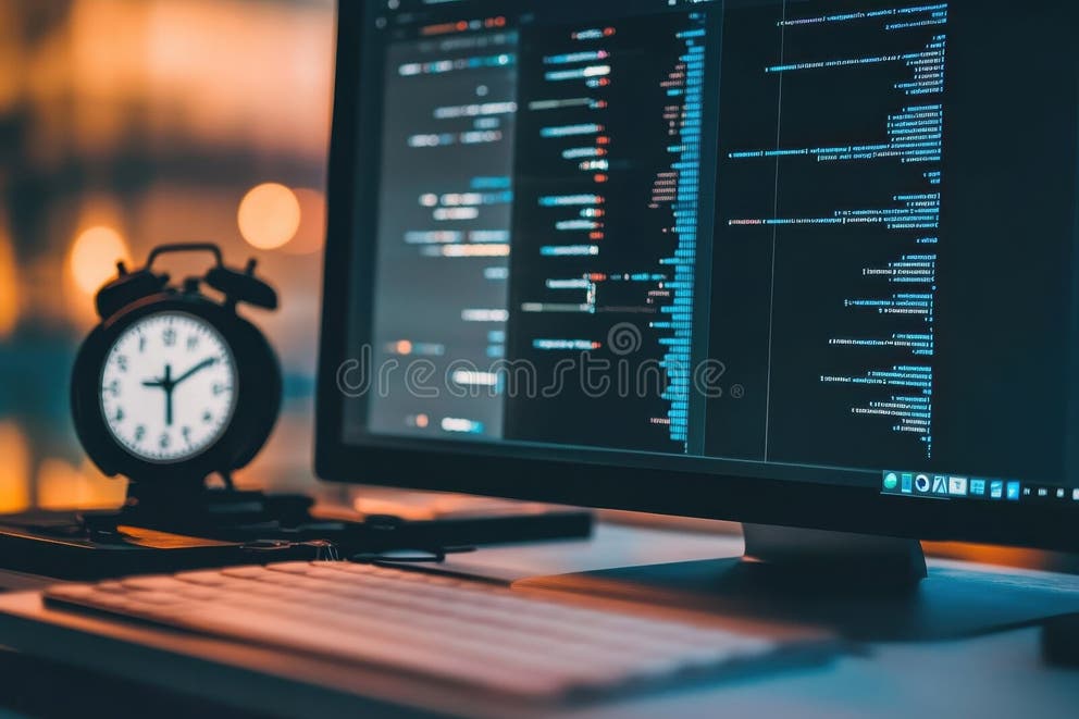 Evening Programming Session with a Computer Displaying Code and a Clock ...