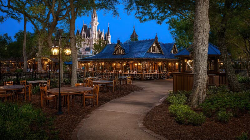Evening Restaurant Path, Castle View, Park Dining, Florida Stock Photo ...