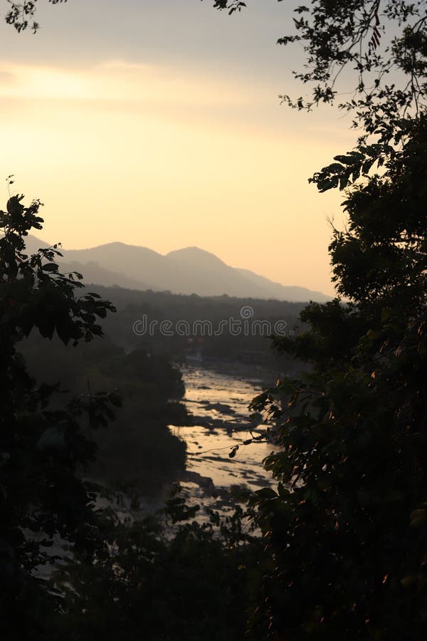 A evening river at trees stock photo. Image of sunset - 194796102