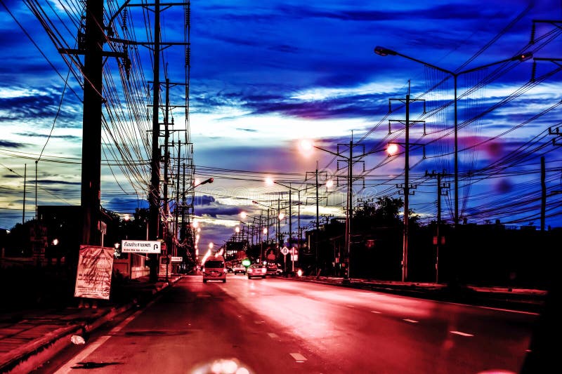 Evening road stock image. Image of road, cloudsky, powerline - 96650105