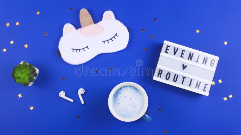 Evening Routine for a Healthy Sleep on a Blue Background among Stars ...