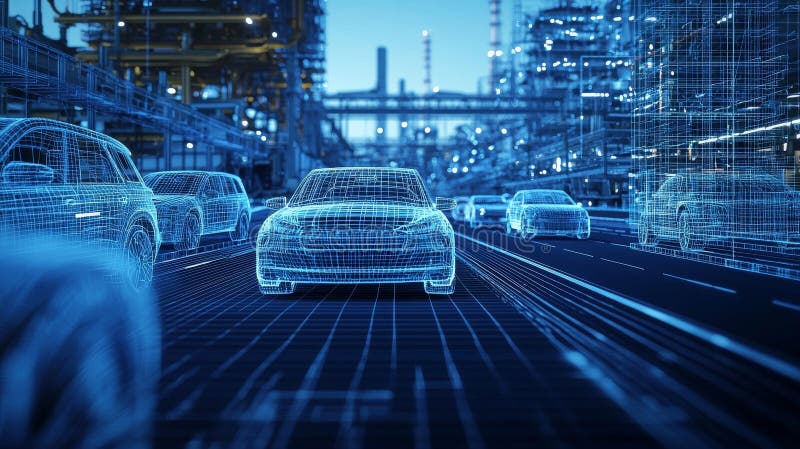 An Evening Scene Featuring Futuristic Cars on a Virtual Assembly Line ...