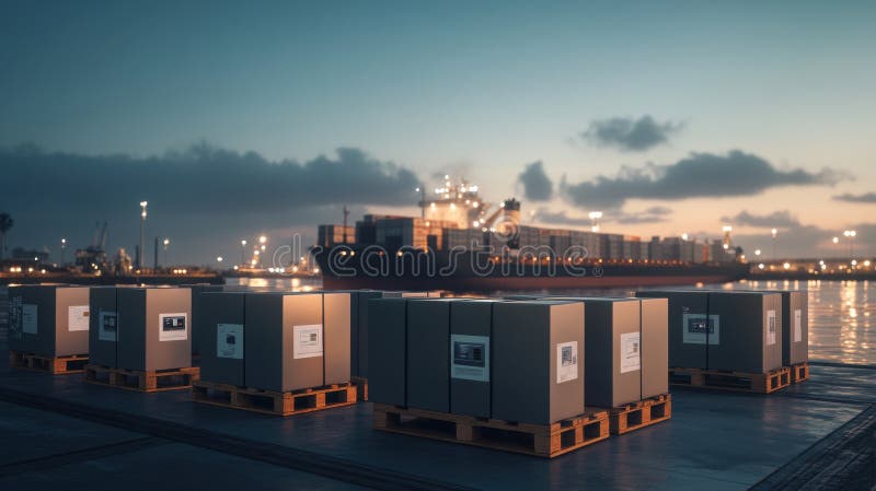 Evening Shipping Dock Scene with Stacked Cargo Boxes and Container Ship ...