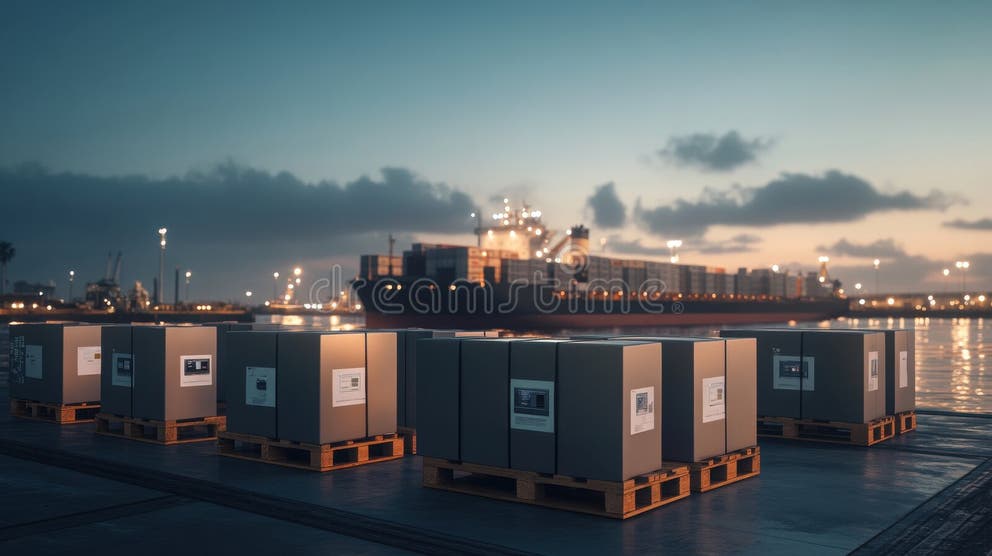 Evening Shipping Dock Scene with Stacked Cargo Boxes and Container Ship ...