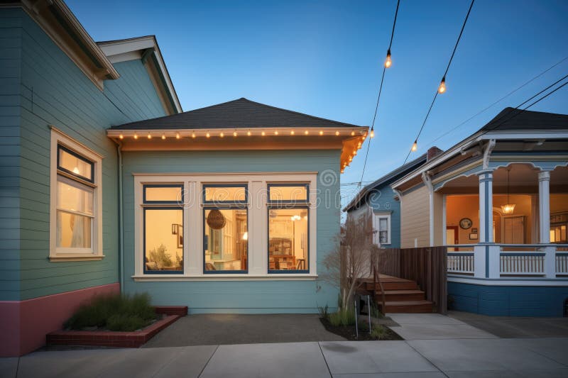 Evening Shot of Lighted Windows in Painted Lady Homes Stock Image ...
