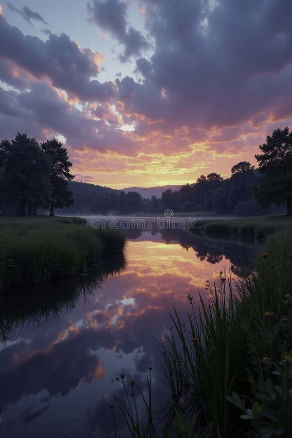 Evening Sky Reflected in the Calm Surface of a Meadow Pond, , Natural ...