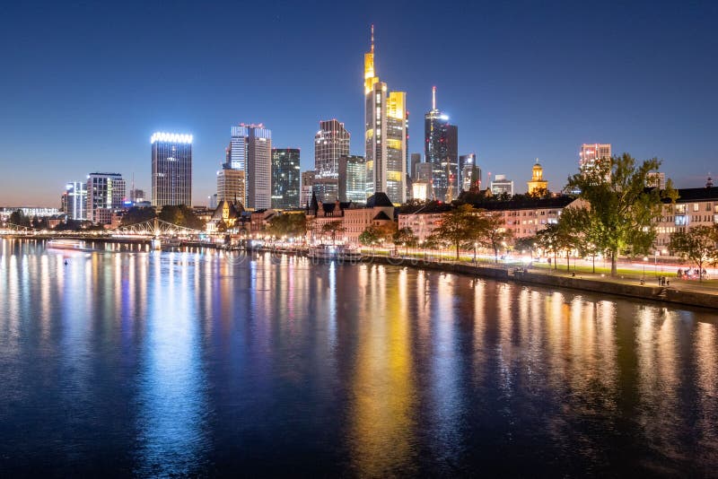 Evening Skyline of Frankfurt Across the River, Germany Stock Photo ...