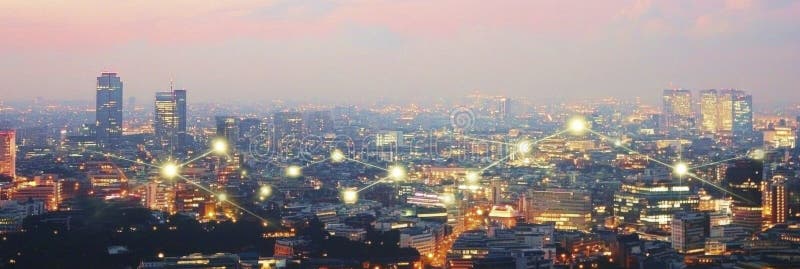 Evening Skyline with Glowing Interconnected Networks Stock Illustration ...