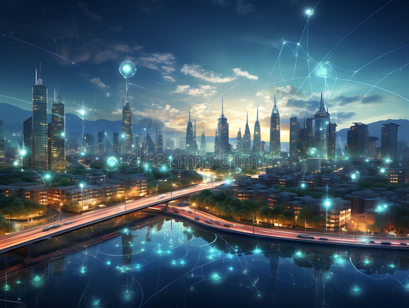 Evening at the Smart Nexus: Urban Architecture in the Digital Age Stock ...