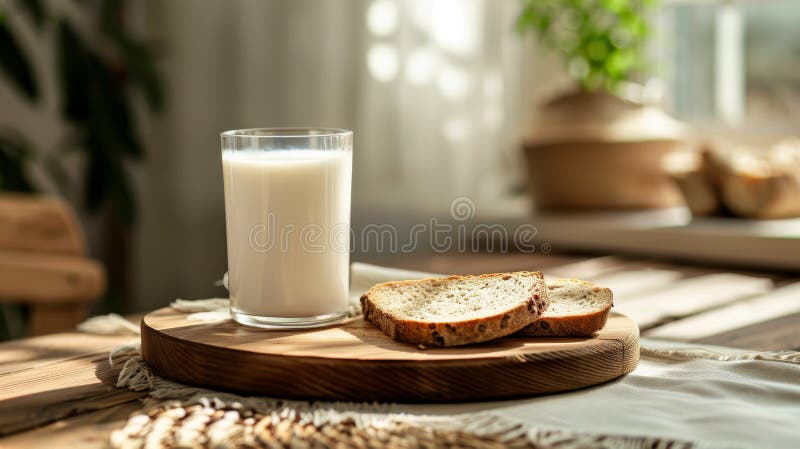 An Evening Snack with Slices of Bread and a Glass of Milk, Presented in ...