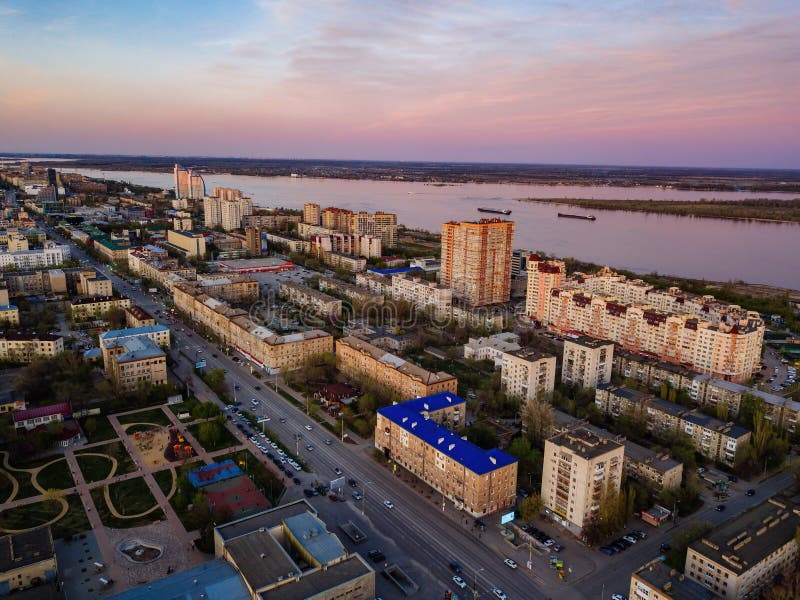 Evening Spring Volgograd Cityscape at Sunset, Aerial View Stock Photo ...