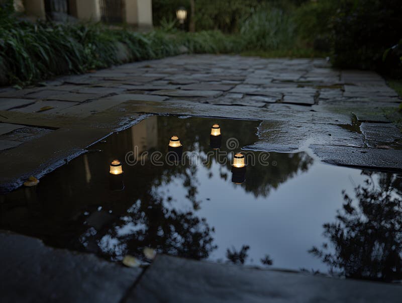 Evening Stone Path Puddle Reflection Lights Warm Glow Dark Calm Soft ...