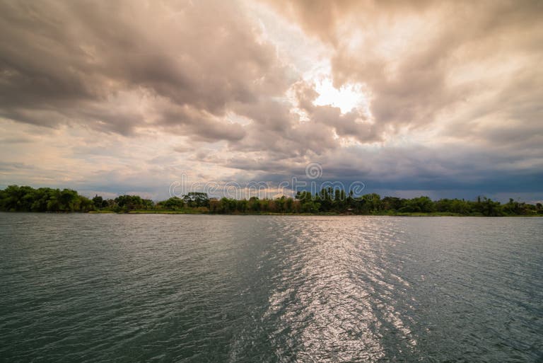 Evening Storm Over River and Dramatic Sky and Clouds Stock Image ...