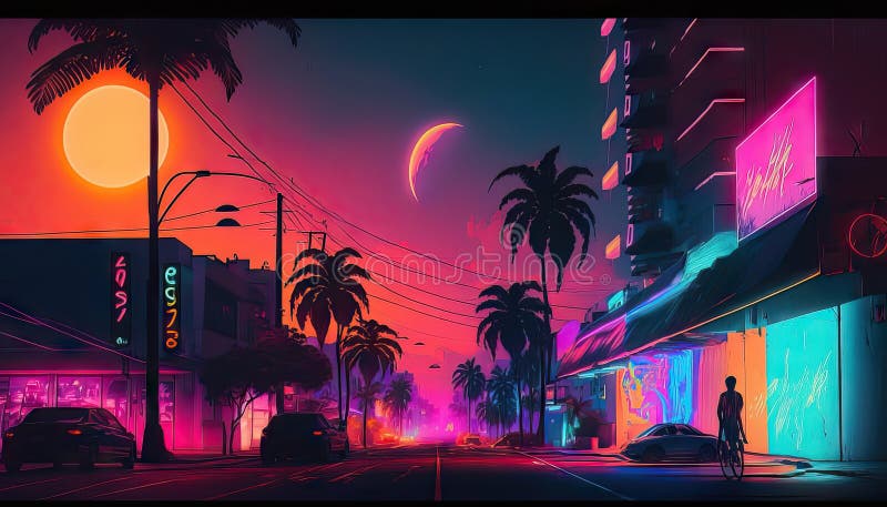 Evening Street in Neon Light, Silhouettes of Palm Trees Stock ...