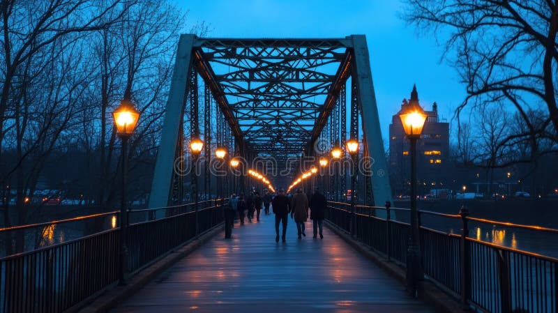 Evening Stroll on a Bridge with Glowing Lamps Stock Illustration ...