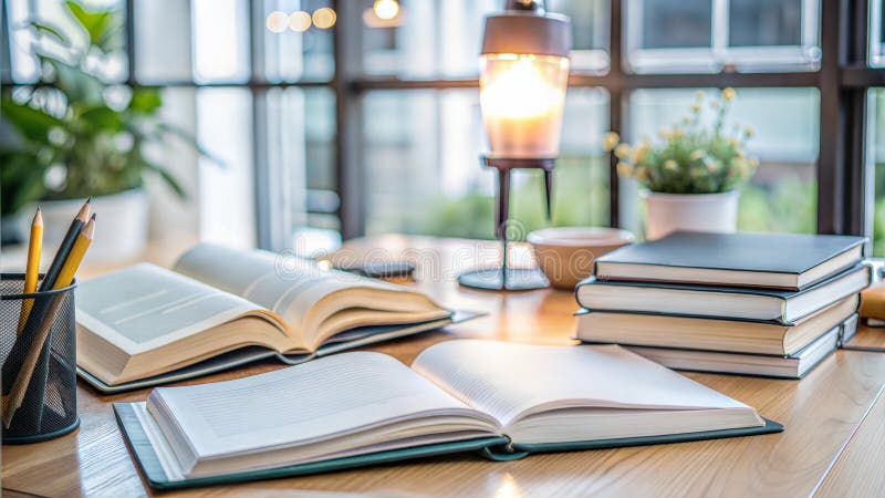 Evening Study Session with Open Books and Lamp, Cozy Learning Space ...