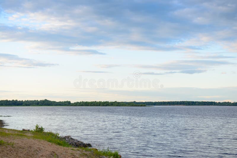 Evening Summer Landscape with River Bank Stock Image - Image of beach ...