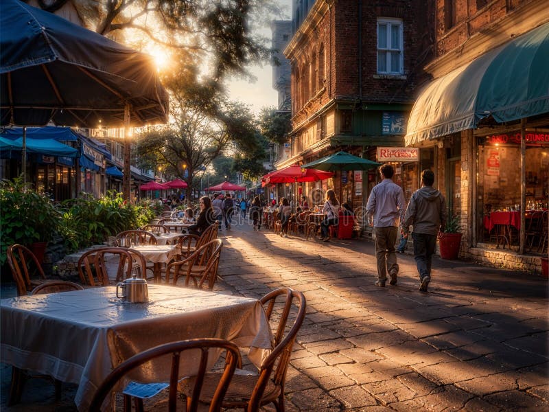 Evening Sunlight on Outdoor Cafe Tables Stock Illustration ...