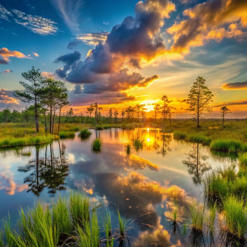 The Evening Sunset on the Edge of the Swamp Stock Illustration ...