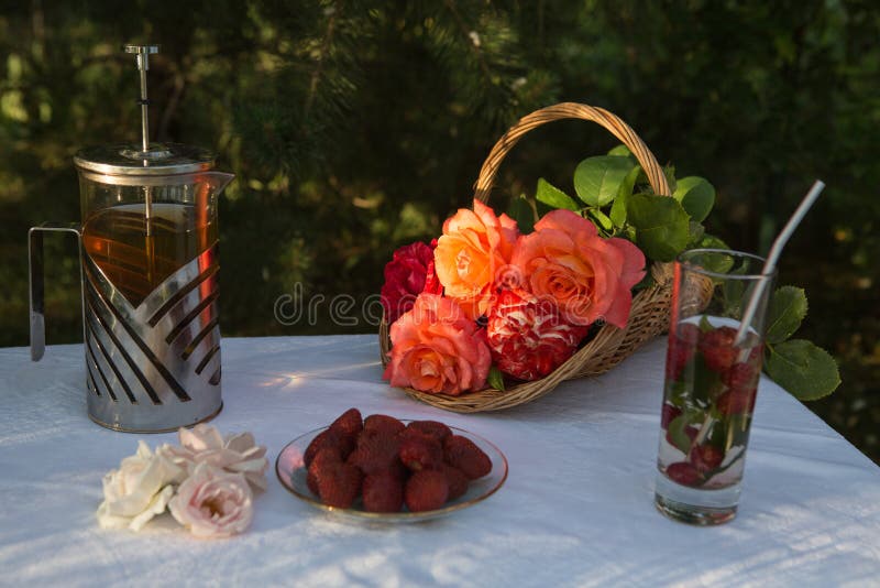 Evening Tea and Fruit at Sunset. Roses Glow in the Sunset Stock Image ...