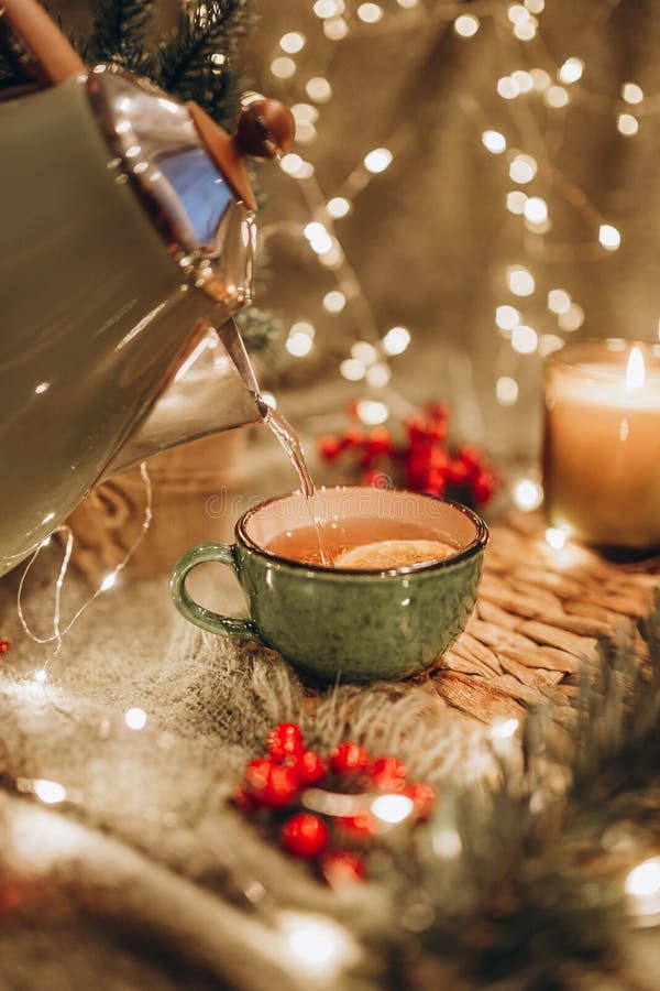 Evening Tea Party with Christmas Lights Hot Tea and Candy Stock Image ...